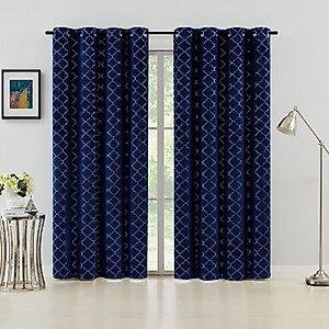 Jackroy Velvet Blackout Curtains 84 Inch Length for Dining Room, Silver Pattern Curtains for Living Room 2 Panels Set, Light Blocking Grommet Design Curtains for Bedroom with 52”Wx84”L
