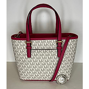 Michael Kors Jet Set Travel XS Carryall Convertible Top Zip Tote bundled with SM TZ Coinpouch and Purse Hook (Carmine Pink MK Multi)