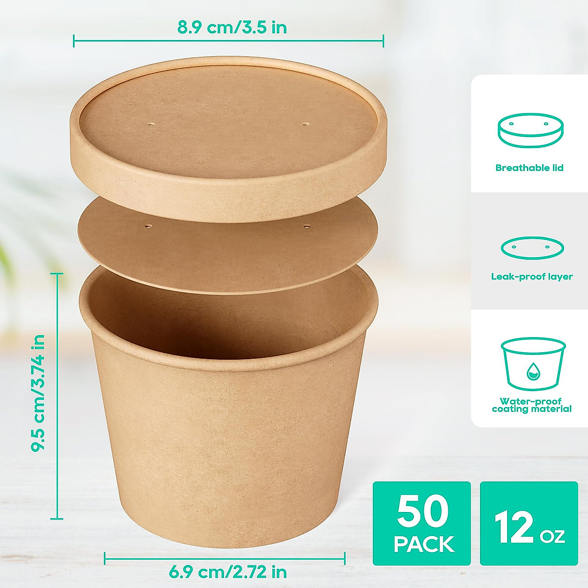 50pack 12oz Paper Soup Containers with Lids, Disposable Kraft Paper Food Cups, Ice Cream Cups, Paper food Storage with Lids, Microwavable and freezer safe, Suitable for Christmas Thanksgiving (Brown)