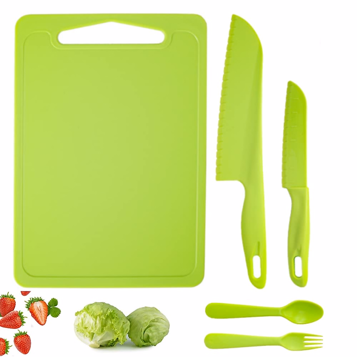 jawbush 11" Large Lettuce Knife with Plastic Cutting Board for Salad to Prevent Browning, Green Nylon Knives Bonus with Fork Spoon, Plastic Kitchen Knife for Veggies, Fruit, Bread, Cake, Salad