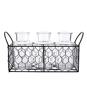 Diamond Star 3Pcs Clear Glass Milk Bottle Vases in Basket Caddy Vintage Style Jars Sets (3Pcs , 11"L X 3"W X 5.5"H)
