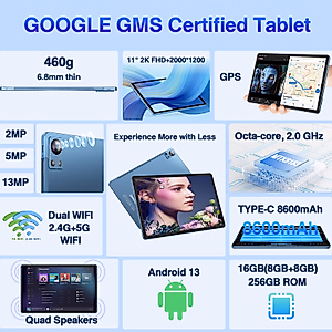 DMOAO 11 inch Android 13 Tablet 16GB+256GB Tablets with 1TB Expand, Octa-Core 2000 * 1200 2K FHD Display 13MP Camera, 8600mAh, Quad Speakers, 5G WiFi, Split Screen Support (Blue with Case)