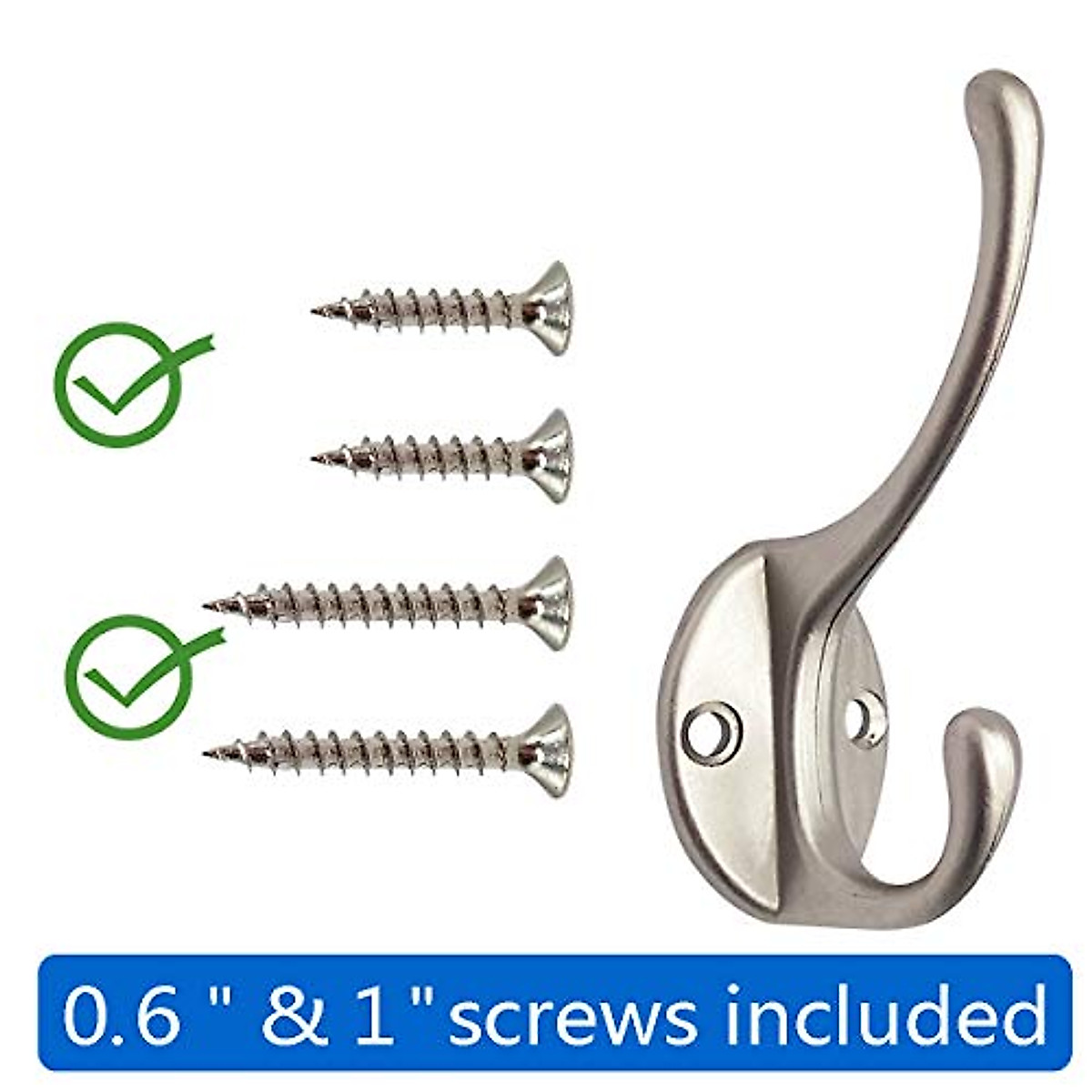 IBosins 10 Pack Heavy Duty Dual Coat Hooks Wall Mounted with 40 Screws Retro Double Hooks Utility Silvery Hooks for Coat, Scarf, Bag, Towel, Key, Cap, Cup, Hat (Silvery)