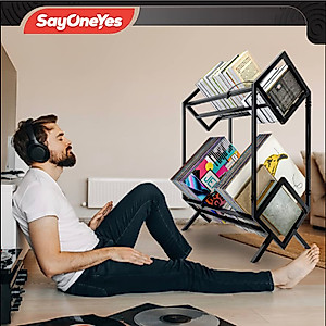 SAYONEYES Vinyl Record Storage – Mate Black Vinyl Record Holder 160 to 200 LP Capacity - Durable Metal Two Tier Record Holder for Albums, Books, Magazine and Office Files