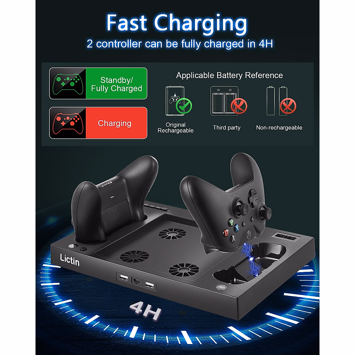 Lictin Cooling Fan Charging Station for Xbox Series X Console & Controller, Upgraded 4 Cooler Fan System Stand, Vertical Dual Charger Station Dock Accessories with 2 x 1400mAh Rechargeable Battery
