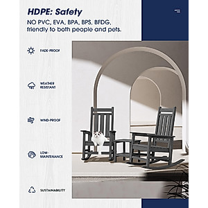 KINGYES HDPE Outdoor Rocking Chair, All Weather Use Porch Rocker, Heavy Duty Outdoor Rocking Chair for Adult, Gray