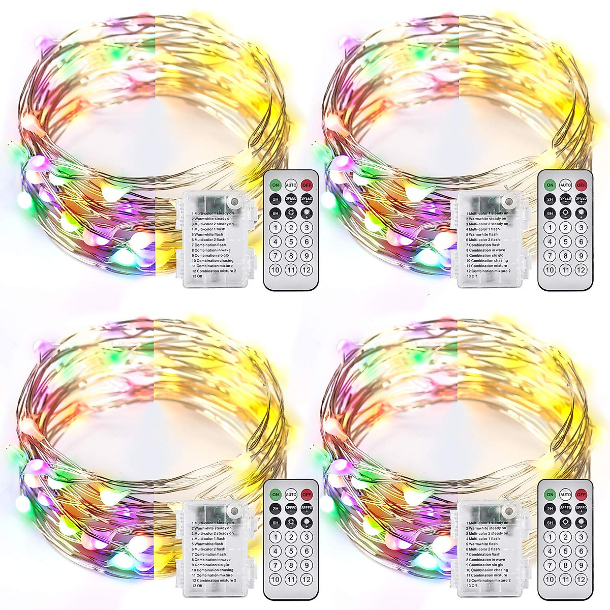 Ariceleo 4 Packs Warm White & Multi-Color Battery Operated String Lights, 5M/16.4ft. 50 LEDs Remote Control Timer 12 Modes Optional Twinkle Battery Powered Fairy Lights Sliver Wire Firefly Lights