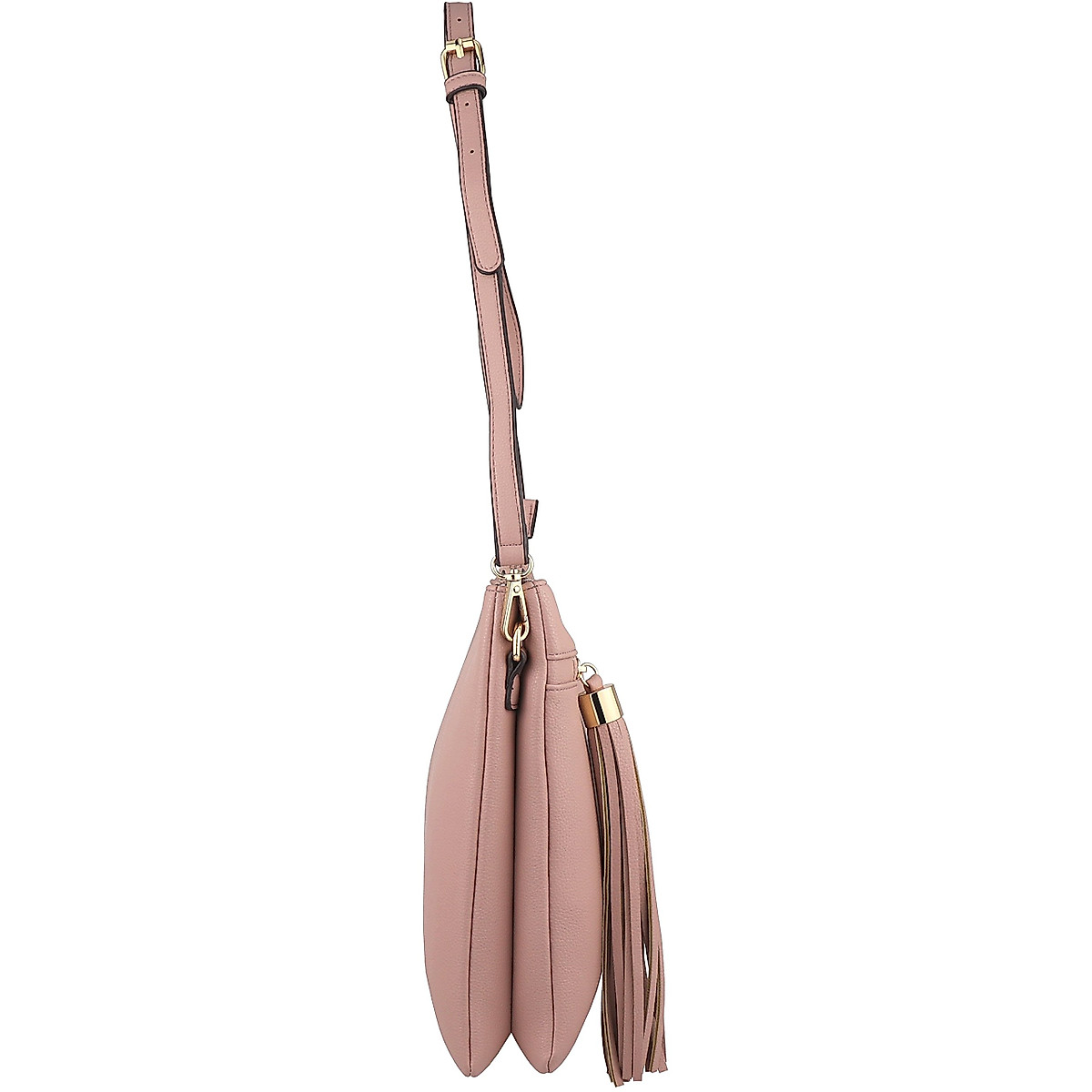 B BRENTANO Vegan Double-Zip Pocket Crossbody Handbag Purse wih Big Tassel Accent (Blush)