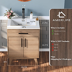 AMERLIFE 24.5" Bathroom Vanity with Sink Combo, Mid-Century Modern Small Single Bathroom Cabinet Set, Integrated Sink, Soft Closing Doors with Metal Handles, Bath Vanity Brown