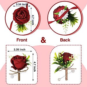 4 Pcs Corsage and Boutonniere Set, 2 Rose Wrist Corsage Wristlet Band Bracelet for Prom and 2 Boutonniere for Men Wedding Groom Flowers Accessories Suit Decoration (Burgundy)