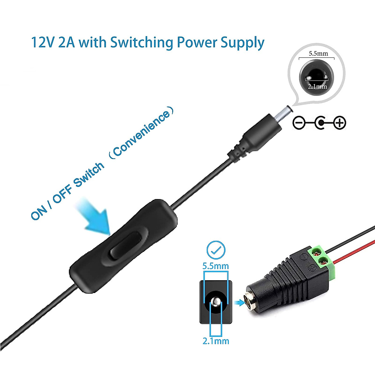 F1TP DC 12V 2A Power Supply Adapter with On Off Switch, 12Volt 2amp Wall Charger for LED Light Strip, DVR/NVR/CCTV Camera, Led Tape Lights, Digital Photo Frame, Router, Yamaha Keyboard