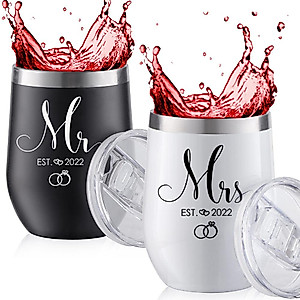 Sparkle Moment Mr and Mrs Est 2022 Wedding Gift Set -12 oz Stainless Steel Wine Tumbler/Cup/Mug/ Bridal Shower/Bride to be/Engagement/Bachelorette Party for Newlyweds Couples (12 oz, Black & White)