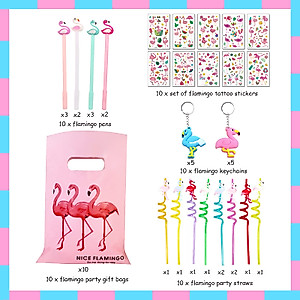 JOYMEMO 50 Pcs Flamingo Party Favors Set, Flamingo Gift Bags, Key Chains, Drinking Straws, Temporary Tattoos and Pens, Hawaii Tropical Summer Birthday Party Supplies for Kids Teens