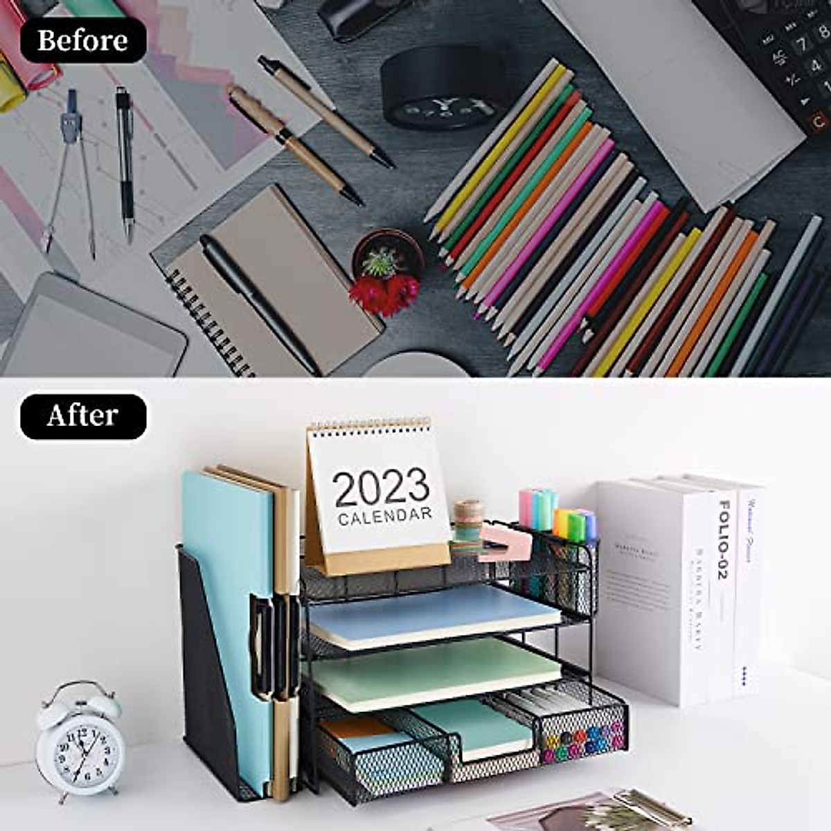 gianotter Paper Organizer with File Holder for Desk, 4 Tier Letter Tray Office Desk Organizers and Accessories - Workspace Organizers with Drawer and 2 Pen Holder for Office Supplies (Black)