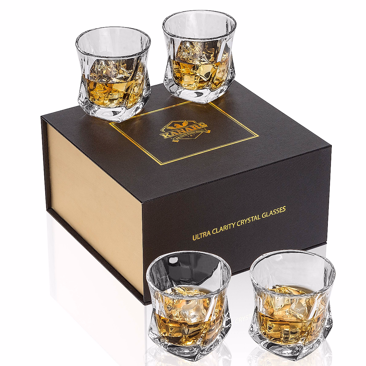 KANARS Rocks Whiskey Glass, Crystal Old Fashioned Glasses Set of 4 In Gift Box for Dad, Unique 7 Oz Lowball Tumbler Glasses for Scotch Rum Tequila Snifter Vodka, Bourbon Gift for Men