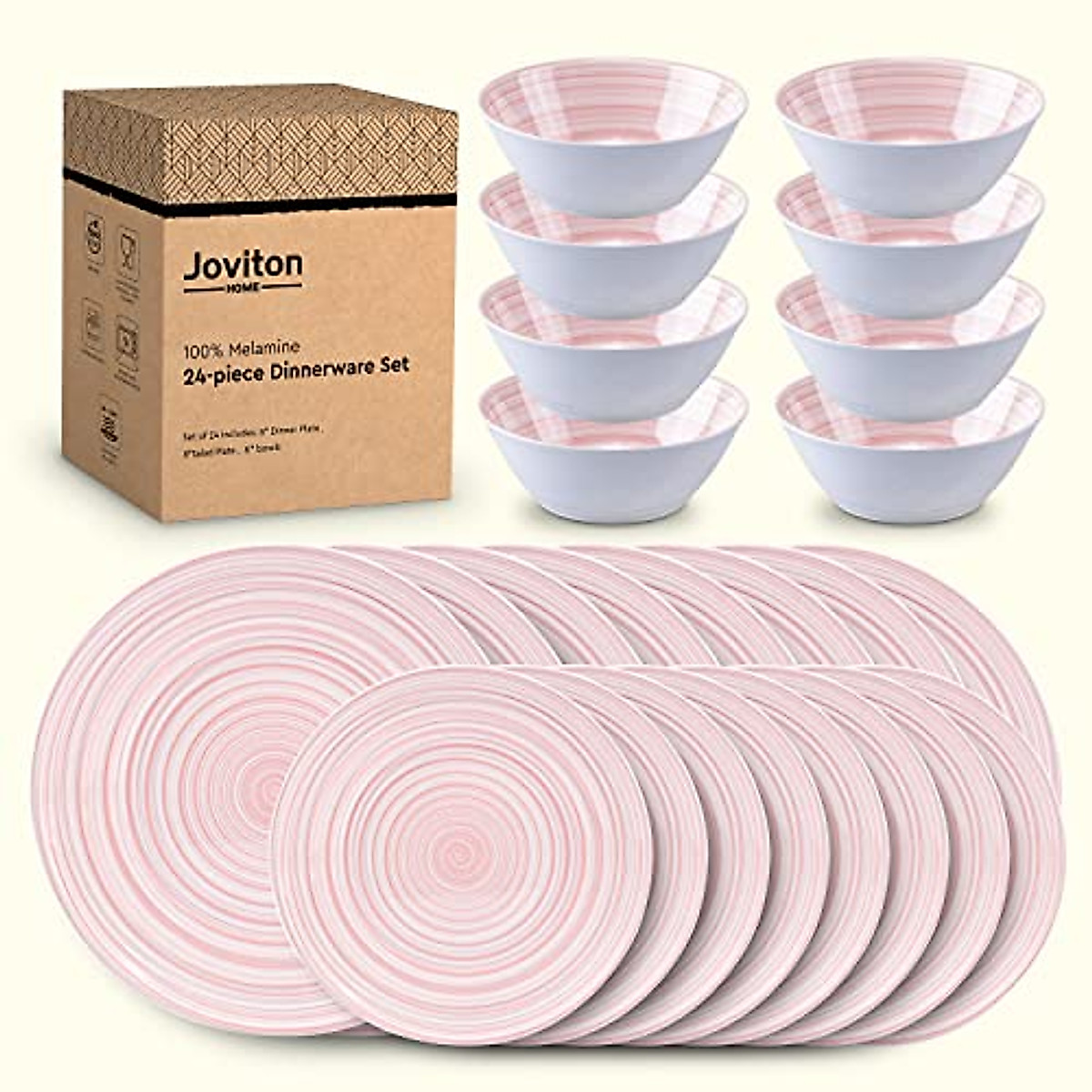 Joviton Home 24PCS Heavenly Pink Swirl Melamine Dinnerware Sets for 8,Outdoor Plates and Bowls Sets (Heavenly Pink)