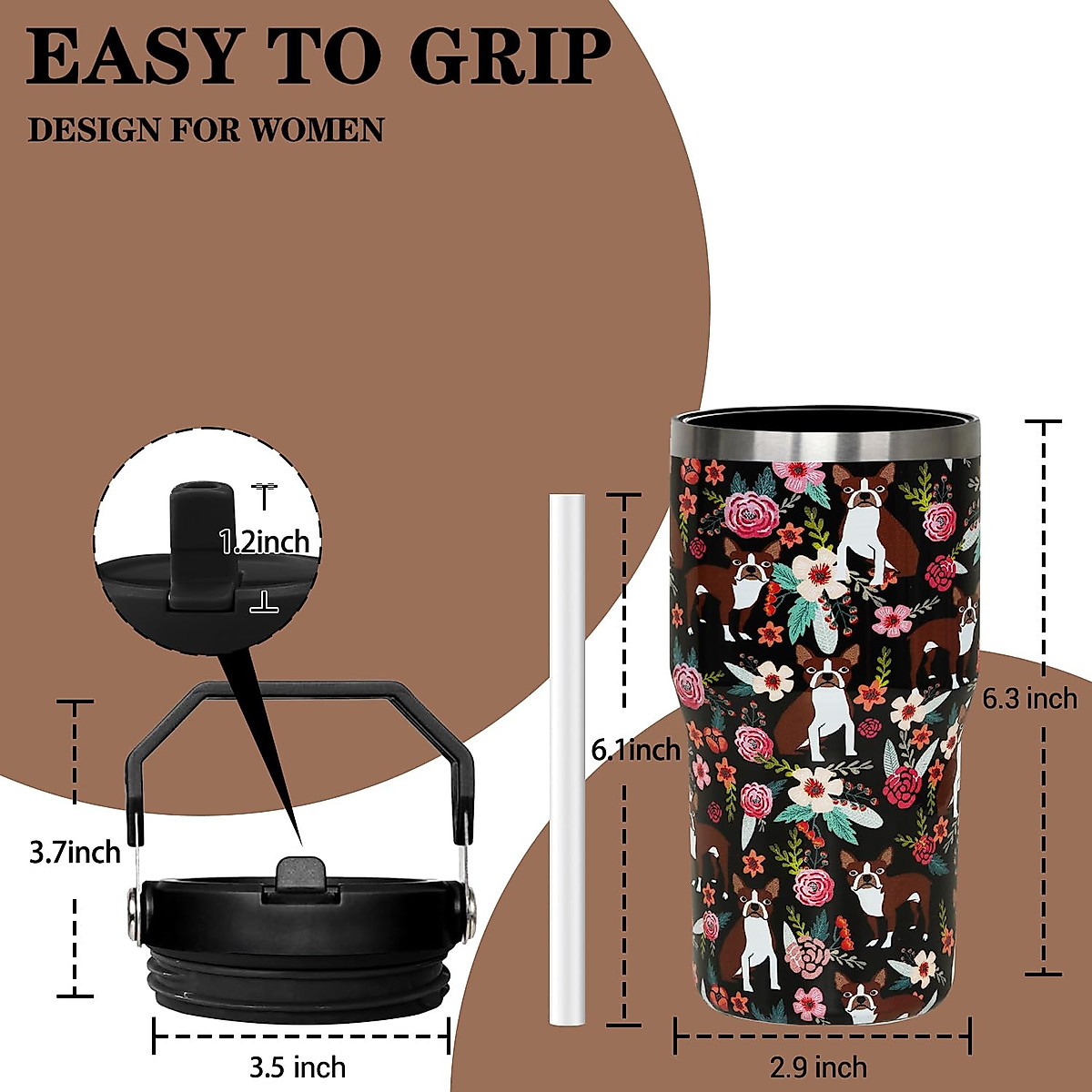 Boston Terrier Tumbler - Vacuum Insulated Double Wall Travel Tumbler - Dog Lovers Gifts for Women - Insulated Coffee Tumblers - Handle and Insulated Flip Straw 20OZ