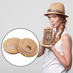 EDOBLUE 4 Pack Bamboo LIDS for Glasses with Straw Holes, 2.75 Inch/70mm Wooden LIDS for 16OZ Glass Jars, and Replacement LIDS for Regular 20OZ 24OZ Glasses