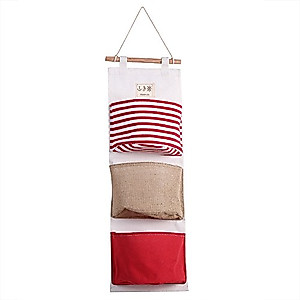 Hztyyier 3 Pockets Linen Storage Bag Hanging Door Closet Organizer Decoration for Room(Red)