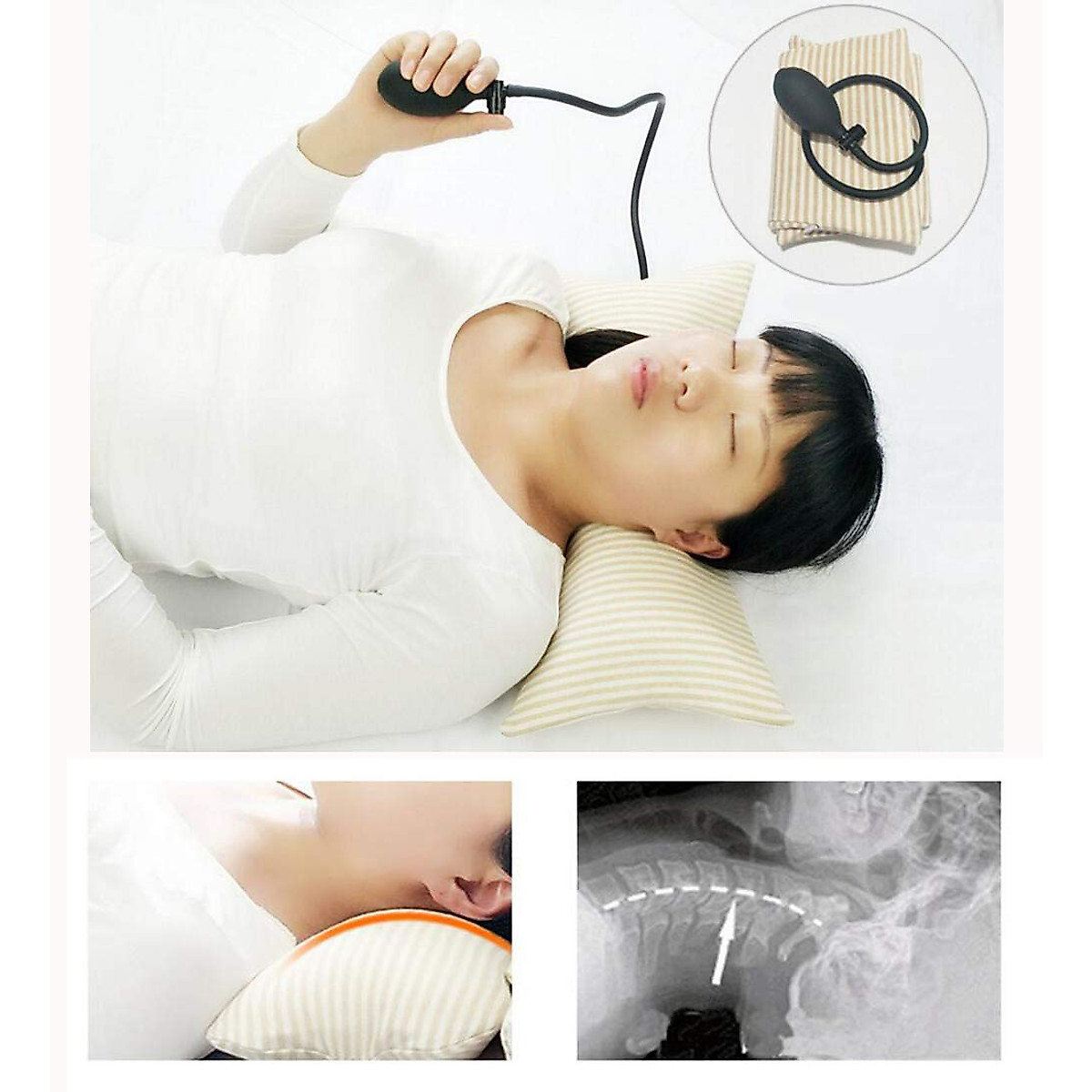 CTHOPER Inflatable Pillow Cushions, Height Adjustable Neck Cervical Head Support, Soft Portable Pillow with Pump for Car, Home, Office, Travel, Camping, Pillow Case Removable (Brown)