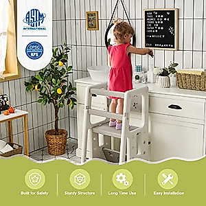 Costzon Kids Kitchen Step Stool with Double Safety Rails, Toddler Learning Stool with 3 Adjustable Heights and Non-Slip Foot Pads, Toddler Tower for Kitchen Countertop and Bathroom (Gray)