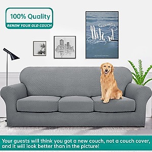 YEMYHOM Latest Checkered 4 Pieces Couch Covers for 3 Cushion Couch High Stretch Thickened Sofa Cover for Dogs Pets Elastic Slipcovers Living Room Furniture Protector (Light Gray), 71"-91"(3 Cushions)