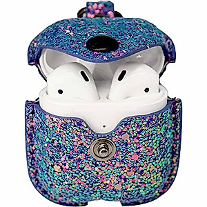 ONGHSD Bling Shiny PU Leather Carrying Case for AirPods 1 & 2 Charging Case Cover Women Girls Protective Case Glitter with Sequins Pocket Pouch for AirPods 1st 2nd Generation Case (Purple)