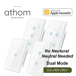 Athom US Standard Dual Mode WiFi Smart Wall Light Switch for Apple Homekit,Glass Touch Panel,No Neutral and Neutral Needed Dual Mode,220-240V,Siri Voice Control (2 Gangs), White (DS-121JL)
