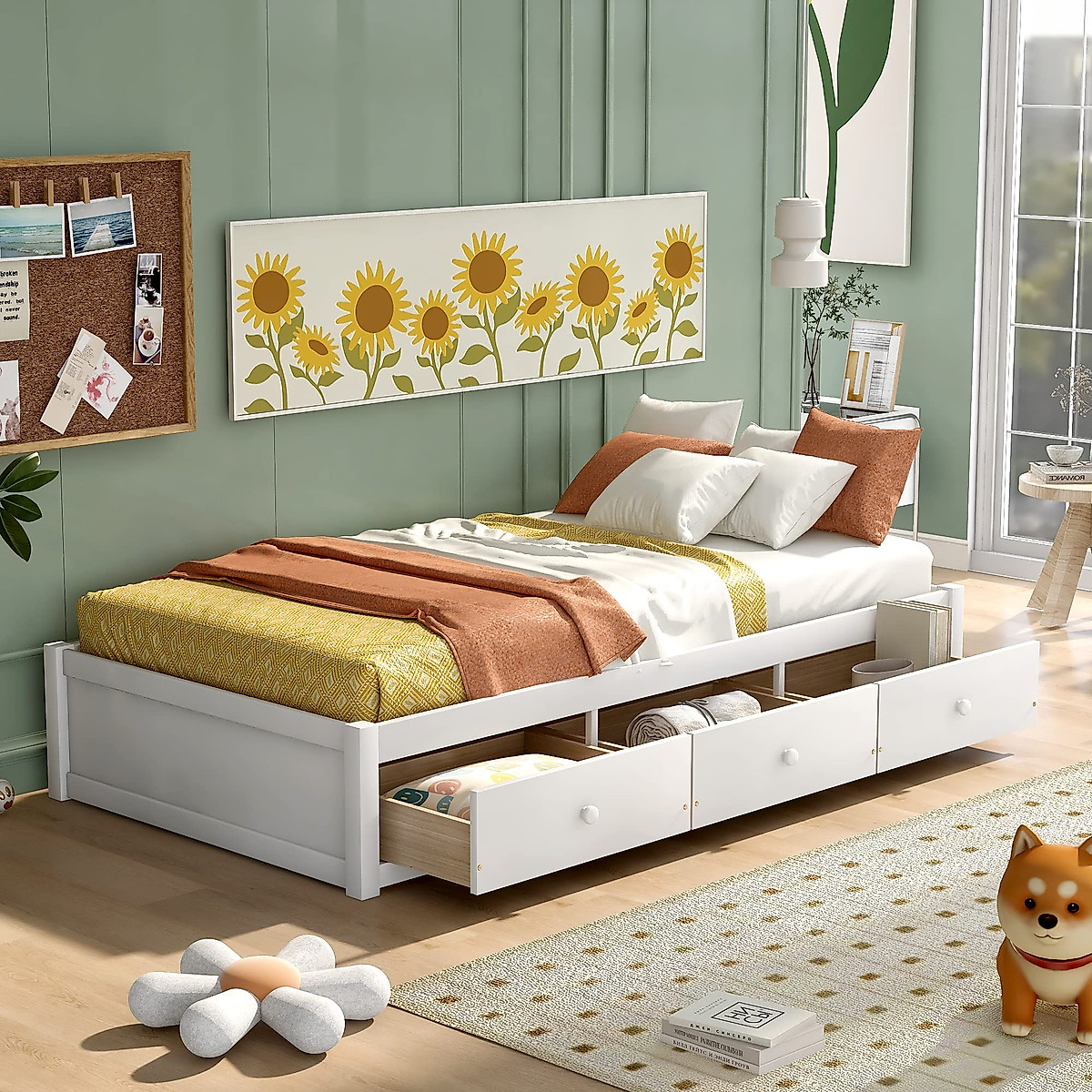 SOFTSEA Twin Size Bed Frame with 6 Storage Drawers, Wood Twin Platform Bed with Storage and Wood Slat Support, No Box Spring Needed, Twin Daybed Frame for Bedroom Living Room(White)