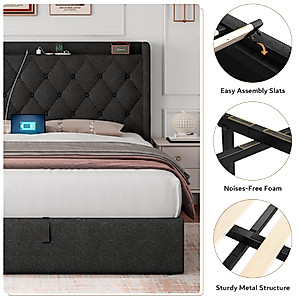 iPormis Queen Size Lift Up Storage Bed Frame with Charging Station, Upholstered Platform Bed Frame with Tufted Headboard, Hydraulic Storage, No Box Spring Needed, Noise-Free, Easy Assembly, Dark Grey