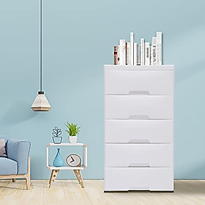 WOQLIBE White Plastic Storage Dressers,with 5 Drawers,File Vertical Cabinet with Wheel Casters for Playroom Bedroom Hallway Entryway Furniture,17.72''D x 11.81''W x 33.07''H(White)