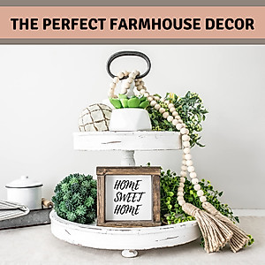 Noble Nest Farmhouse Tiered Tray, Two Tiered Tray, Rustic Farmhouse Kitchen Decor with Metal Handle and Distressed White Finish, Decorative Tray, Modern Farmhouse Decor - Brown Tiered Tray