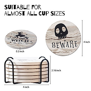 6pcs Halloween Cup Drinks Coasters with Holder,Round Absorbent Ceramic Coaster Set,Funny Drink Coasters with Cork Base for Tabletop Protection,Ideal Gift for Halloween,Housewarming,Birthday
