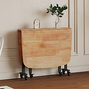 Rukulin Multifunction Table Drop Leaf Dining Table - 47" Solid Wooden Foldable Kitchen Table with 6 Wheels (Natural)