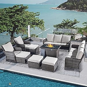 Yechen 9 Pieces Outdoor Patio Furniture, PE Rattan Wicker Conversation Set with 44" 55000BTU Fire Pit Table Sectional Sofa Sets, Patio Conversation Sets for Yard, Pool, Beige