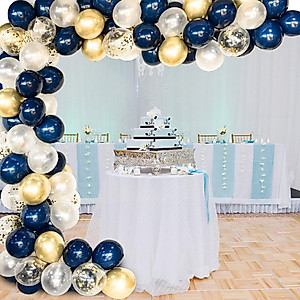 Navy Blue and Gold Confetti Balloons, 60 pcs 12 inch Pearl White and Gold Metallic Chrome Party Latex Balloon with 33 Ft Gold Ribbon for Birthday,Wedding and Celebration Graduation Decoration