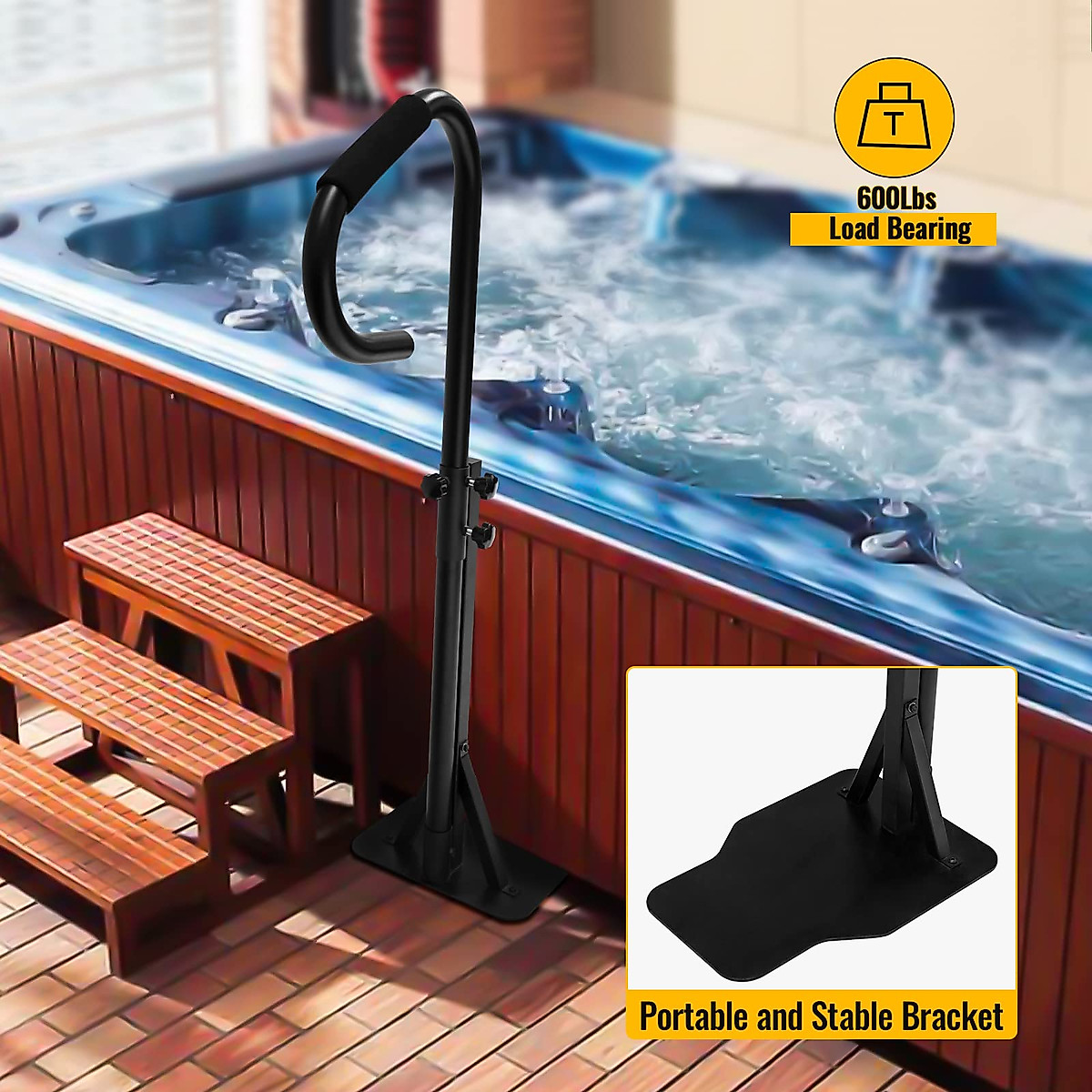 KODOM Hot Tub Handrail Spa Safety Rail 57"H,Hot Tub Hand Rail Slide Under Mounting Base 600LBS Capacity Spa Side Handrail Hot Tubs Rail with Sponge Rubber Grip for Indoor/Outdoor Bath