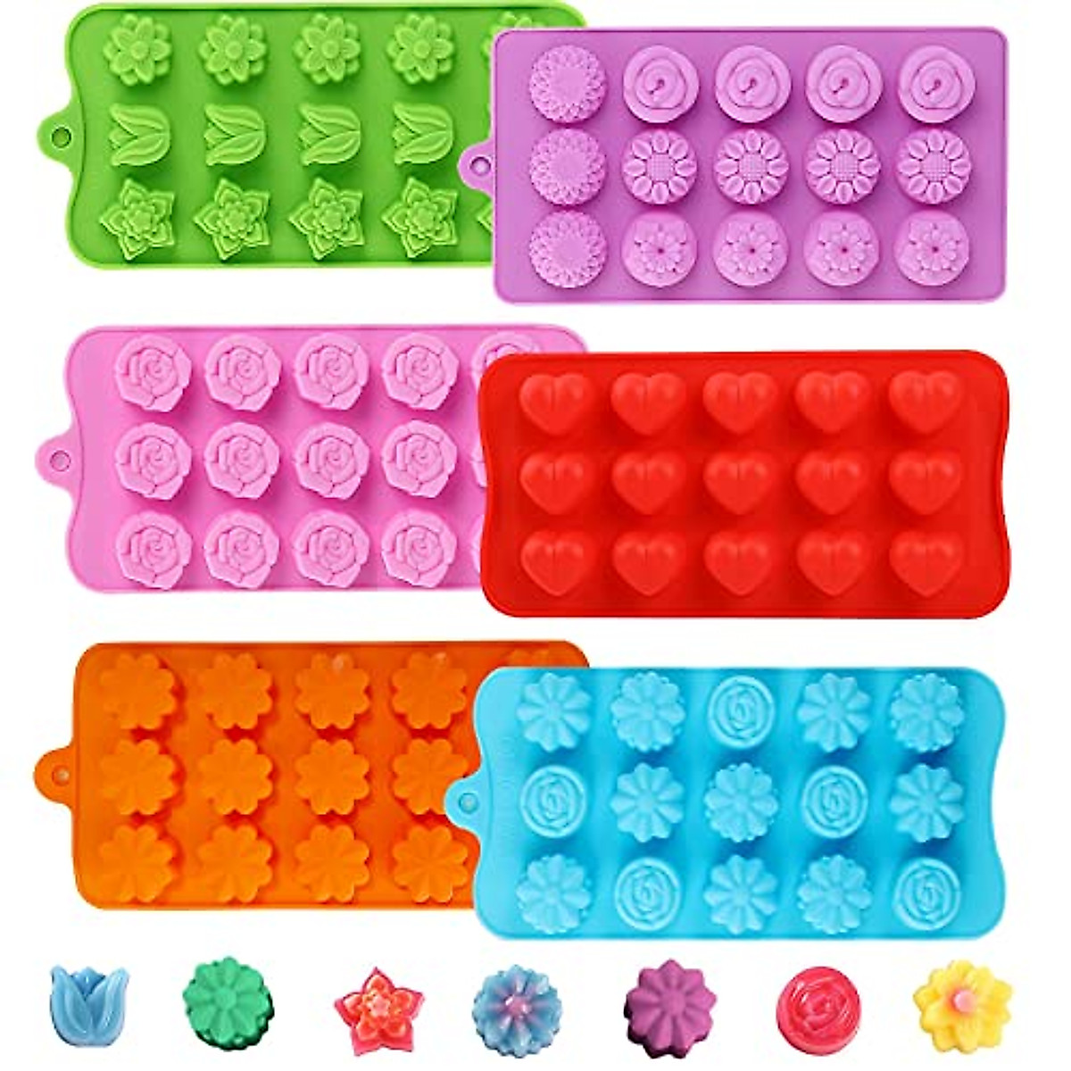 Chocolate Molds Candy Molds for Baking Sweet Treats,15 Cavity Flower Shape Non-Stick Silicone Baking Molds Ice Cubes for Wedding,Festival,Party and DIY Crafts, 6 Pack