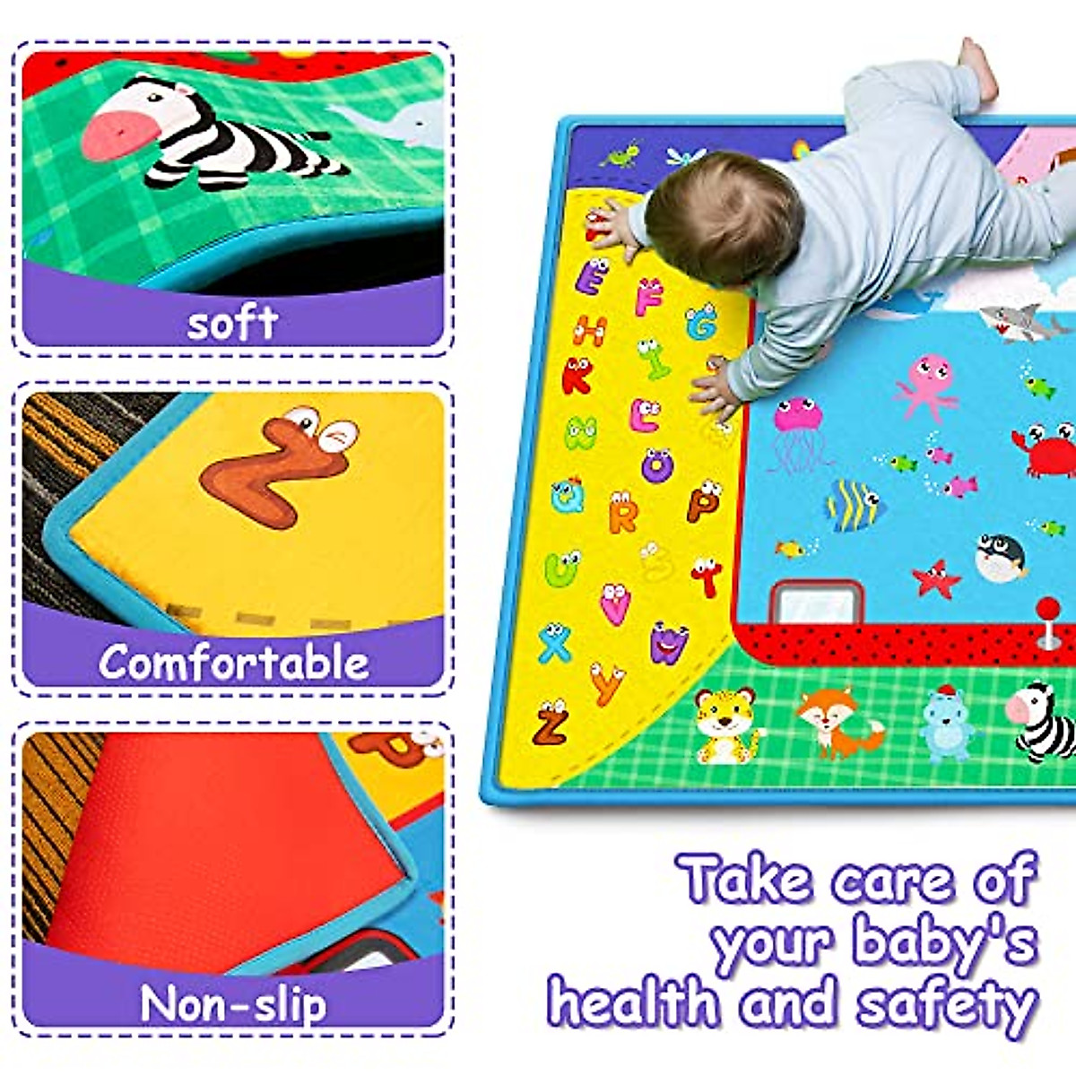 Baby Crawling Mat,Baby Play Mat for Floor,Large Cotton Educational Tummy Time Mat, Foldable Non-Slip Super Soft Padded Baby Playmat for Playing Area Rug Gym Activity for Infants Toddlers Boys Girls