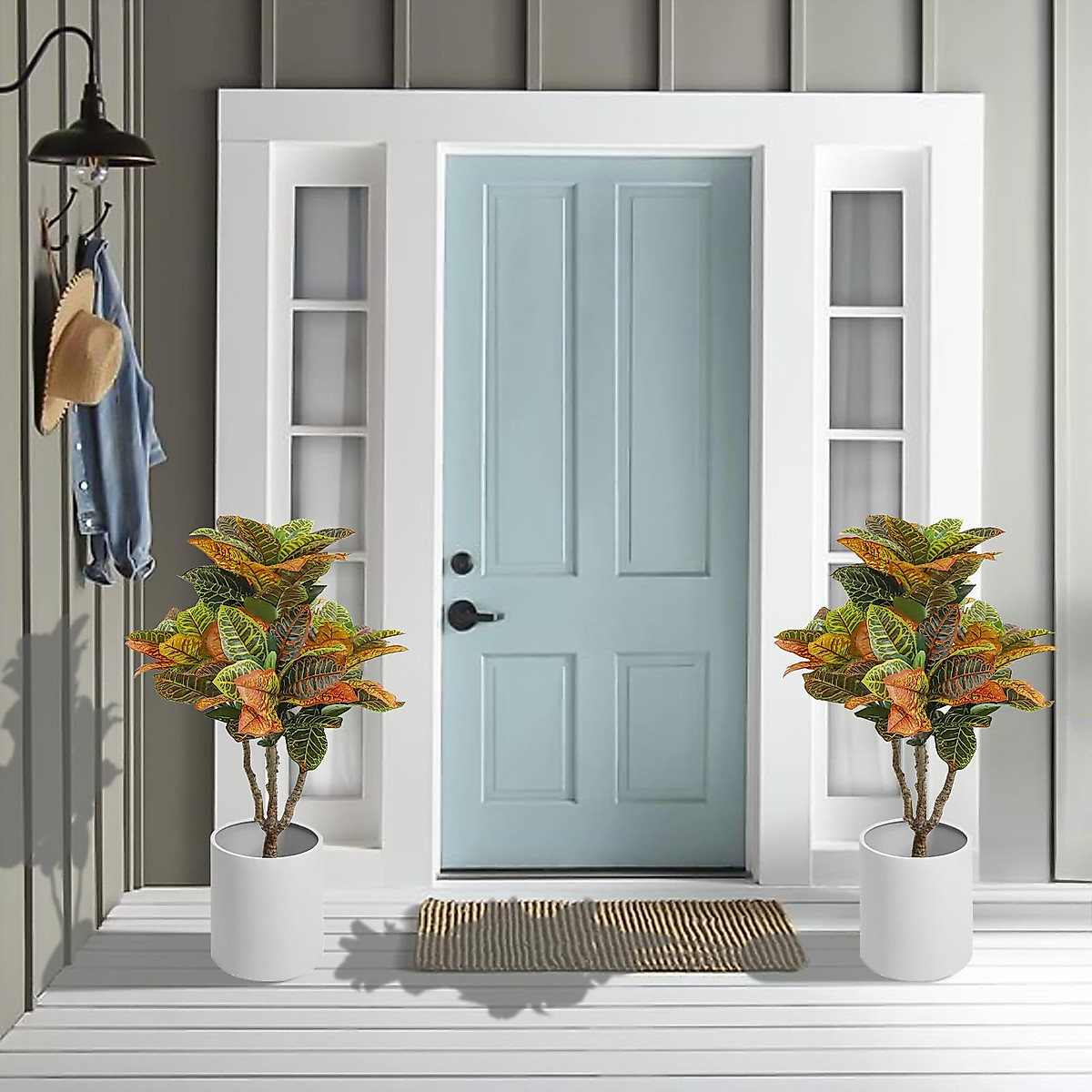 2PCS Artificial Croton Plant, Faux Fiddle Leaf fig Tree,Artificial Trees for Home Decor,Floor Plant,Front Porch Plants with Plastic Pot, Faux Ficus Lyrata Tree,35inch