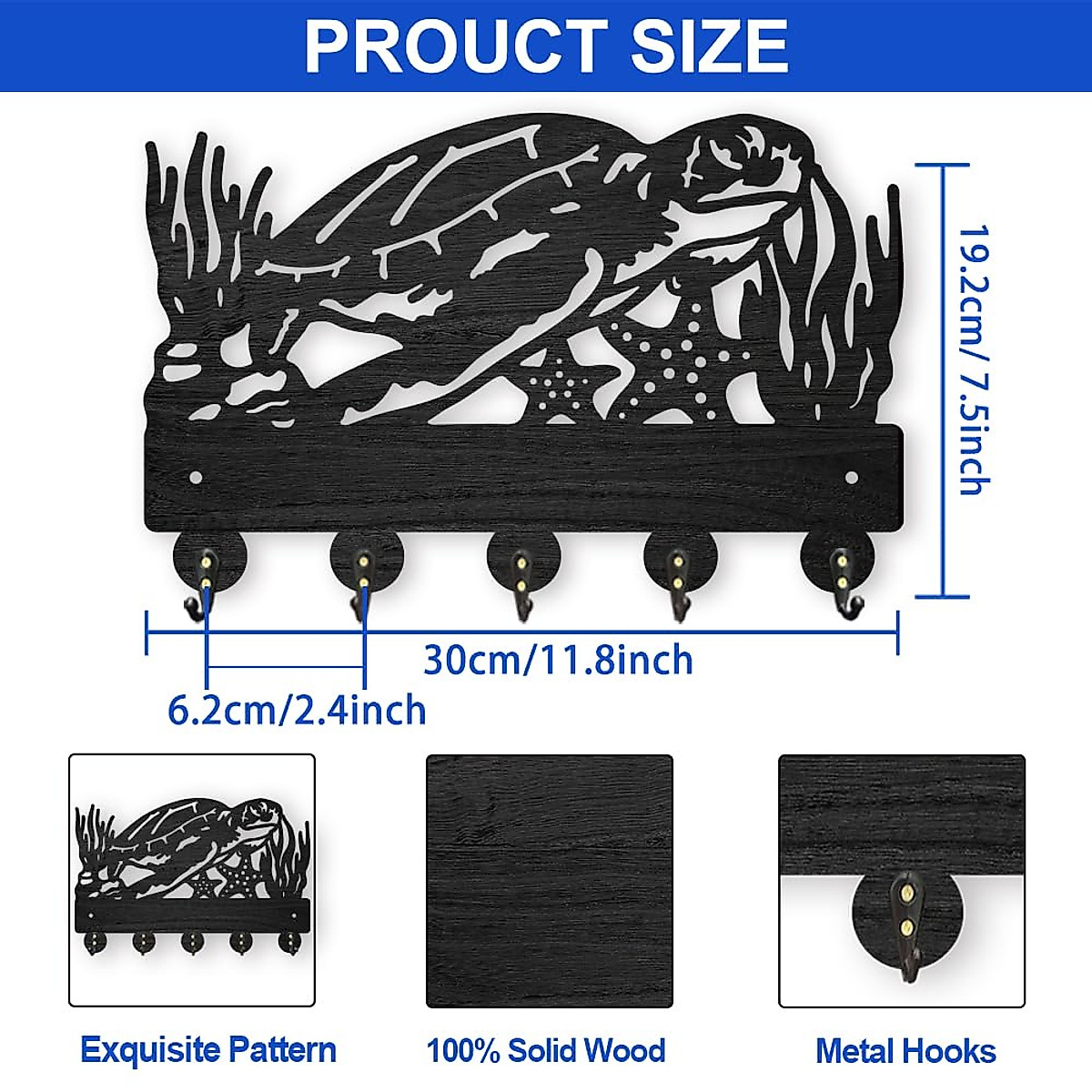 INFUNLY Ocean Theme Key Holder with 5 Key Hooks Black Wall Mounted Key Hangers Turtle Key Hangers Wood Key Rack for Home Decor Hallway, Entryway, Bedroom, Mudroom, Office 11.8inchx7.6inch