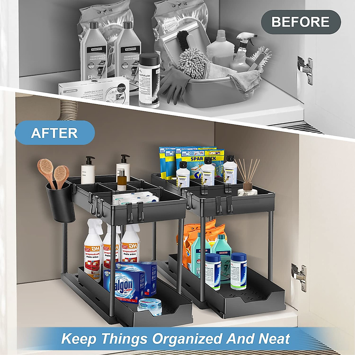 2 Tier Under Sink Organizers and Storage, 2 Pack Taller Sturdy Under Cabinet Organizer with Sliding Out Drawers Basket, Hooks, Cups, Bathroom Under Sink Cabinet Organizer Kitchen Organizer and Storage