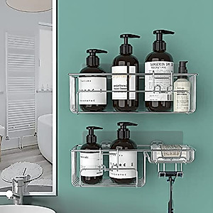 HOMOH Adhesive Shower Caddy, Bathroom Basket Shelf with Soap Dish and Hooks Wall Mounted No Drilling Rustproof Storage Organizer Racks for Bathroom, Toilet, Kitchen - 2 Pack