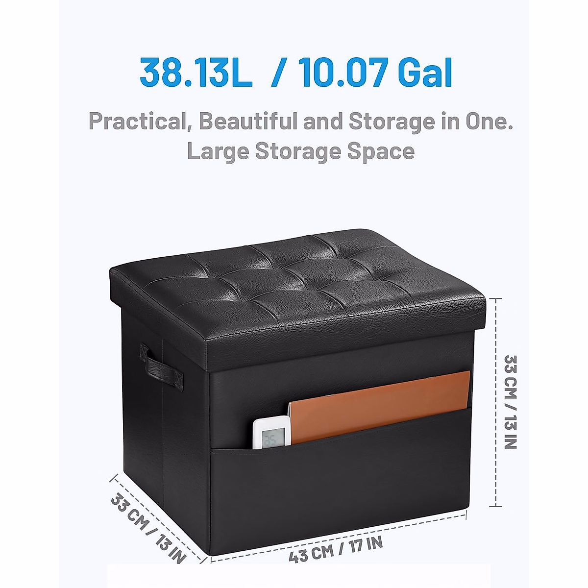 Bsketa Storage Ottoman Foot Rest Stool, Small Leather Storage Ottomans Bench, Folding Foot Stool with Handles Lid, Foot Rest Under Desk for Living Room Bedroom, 17x13x13 in, Black