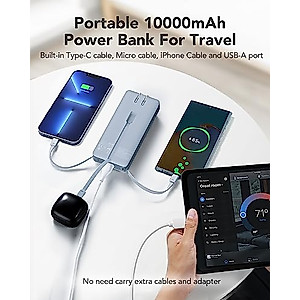 VRURC Portable Charger, 22.5W Fast Charging Power Bank with Built-in Cables & AC Wall Plug, 10000mAh Battery Pack(QC4.0 PD3.0), USB C with 4 Output 2 Input, Compatible with iPhone Samsung etc - Blue