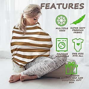 Baby Carseat Nursing Cover - Car Seat Cover for Baby Boys & Girls - All-in-1 Breastfeeding Covers - Stripe Multi Use Stretchy Stroller Covers - Storage Bag, Brown&Cream…