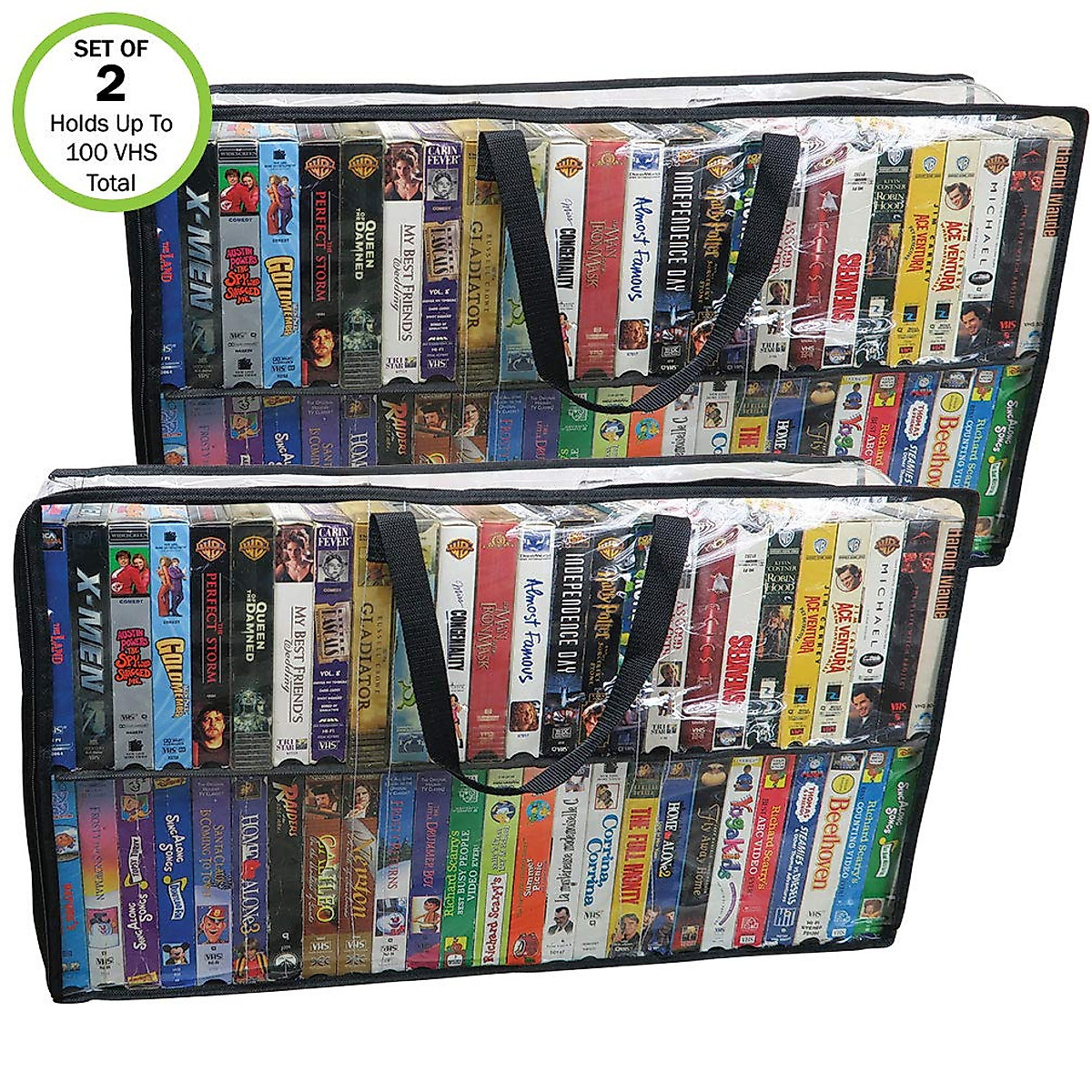 Evelots 2 Pack-VHS Movie Tape Storage Bag/Case, Clear PVC Plastic-Holds 100 Total, Strong Handles-No Dirt/Moisture/Dust