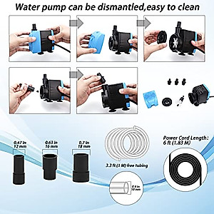 HUWLUIWA 120GPH Submersible Water Pump with 3.3 ft Tube,6W Mini Ultra Quiet Fountain Water Pump with 3 Nozzles for Aquariums, Pond, Fish Tank, Water Feature