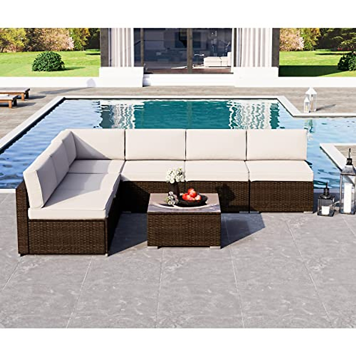 HOMPUS 7-Piece Outdoor Handwoven PE Rattan Wicker L-Shaped Corner Conversation Set Furniture Brown Patio Sectional Sofa Set w Beige Seat Cushions, Glass Coffee Table for Garden,Yard,Pool