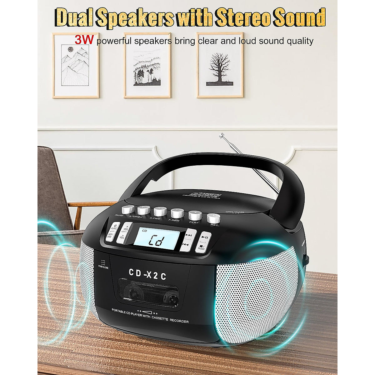 Sunoony CD and Cassette Player Combo, Boombox CD Player Portable with AM/FM Radio, Tape Recording, Stereo Sound, AC/DC Powered, AUX/Headphone Jack, Sleep Timer for Home, Senior, Child